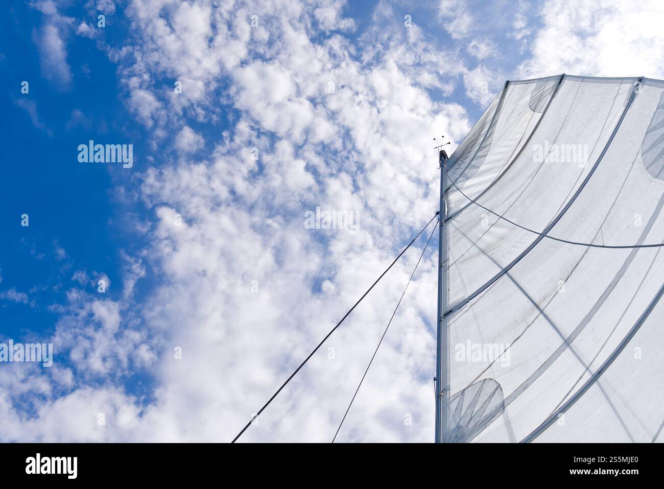A Majestic Sailboat with a Large Billowing Sail Under a Bright Blue Sky ...