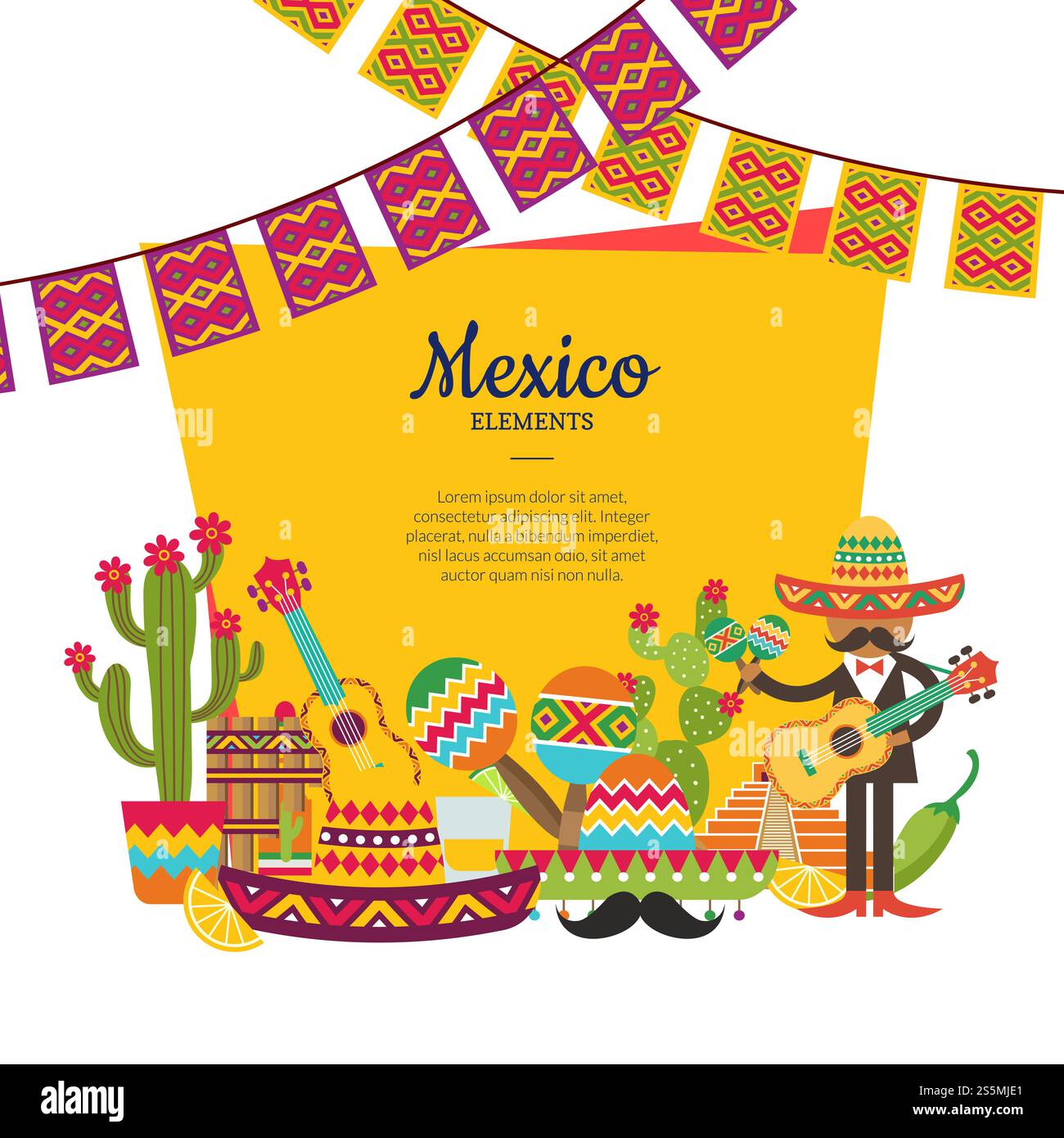 Vector flat Mexico attributes below frame with place for text and ...