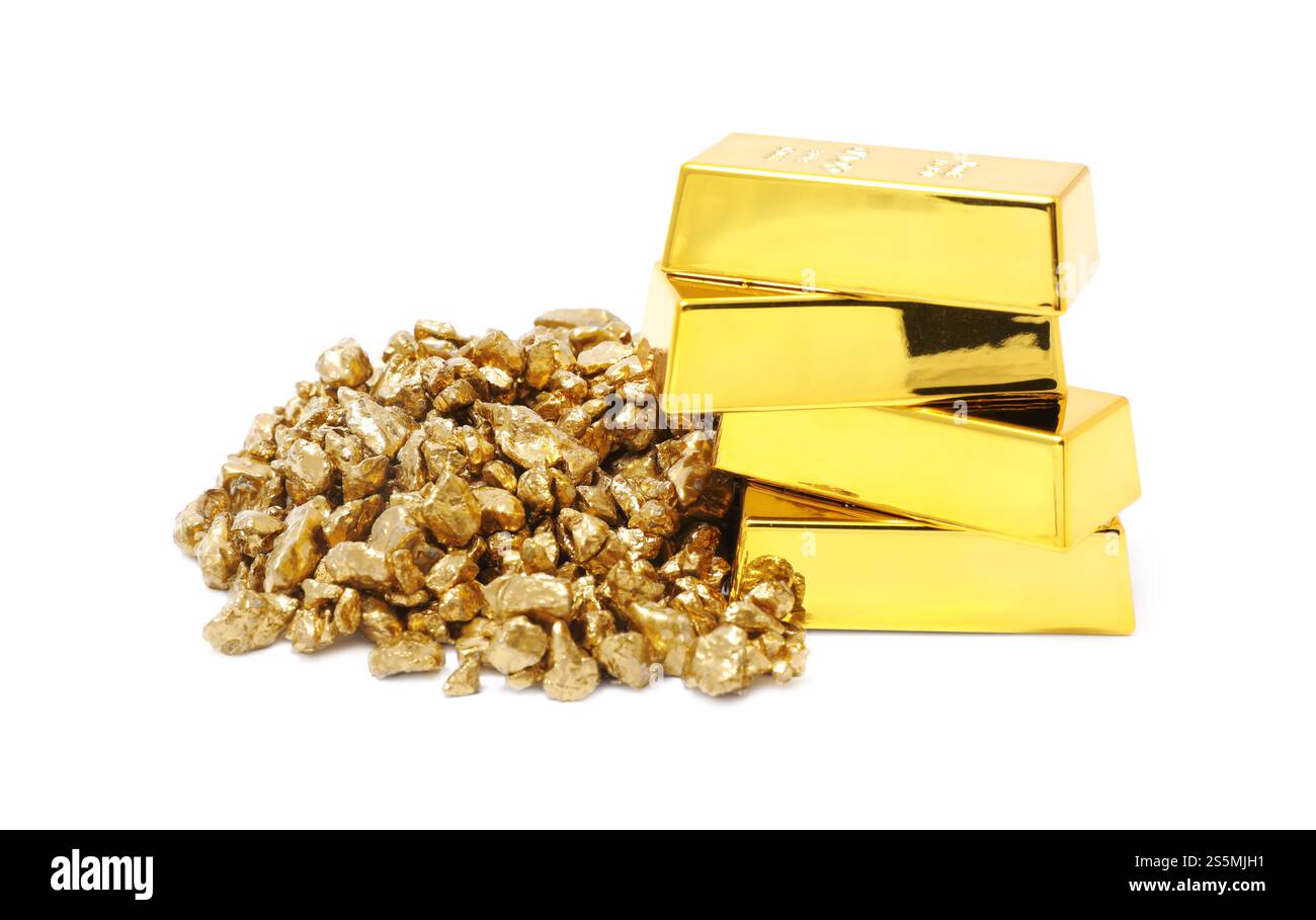 Gold nuggets and bars isolated on white Stock Photo - Alamy