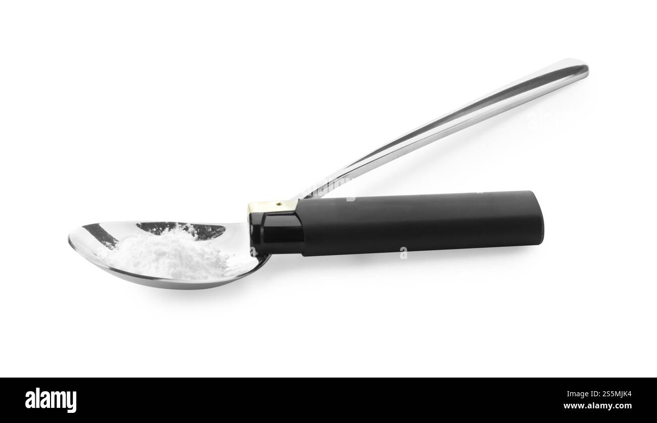 Drug addiction. Spoon with powder and cigarette lighter isolated on ...