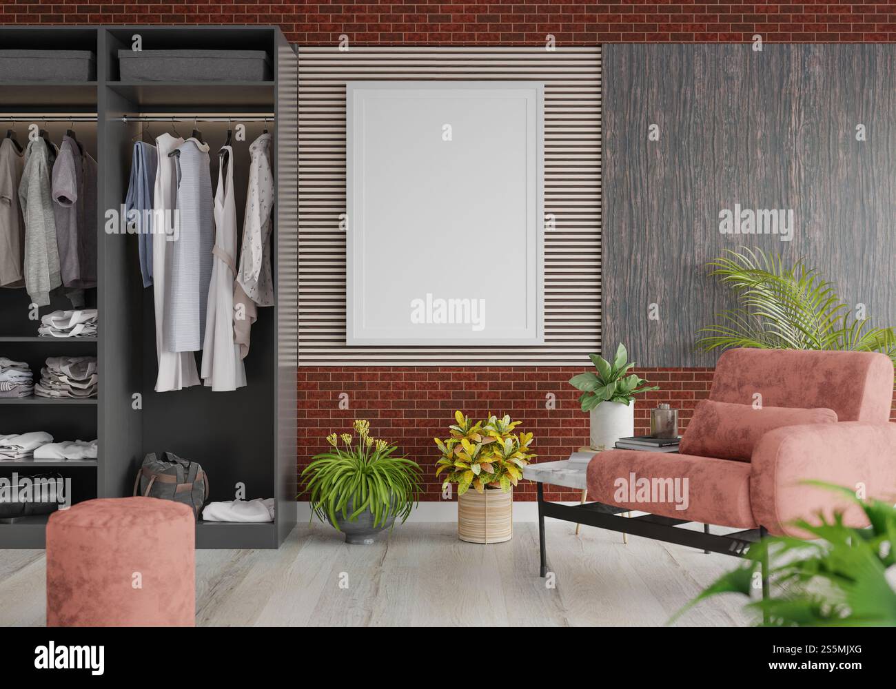3D illustration mockup photo frame in dressing room or dressing corner ...