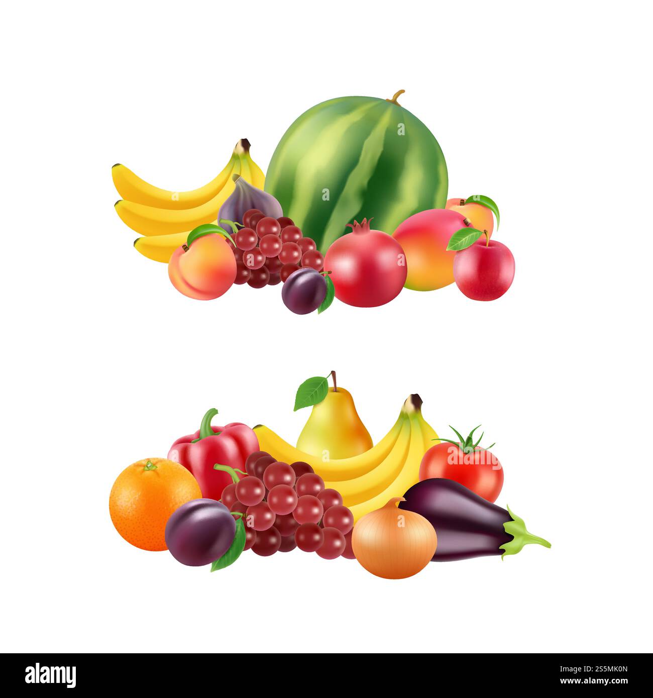Vector realistic fruits and berries piles set isolated on white ...