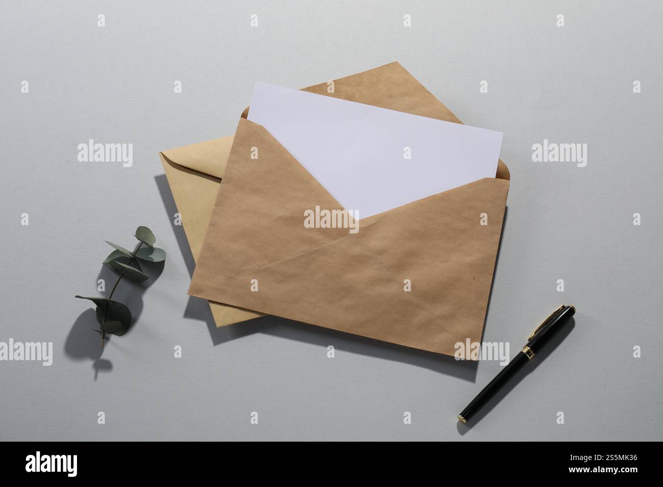 Kraft paper envelopes with letter, fountain pen and eucalyptus branch ...