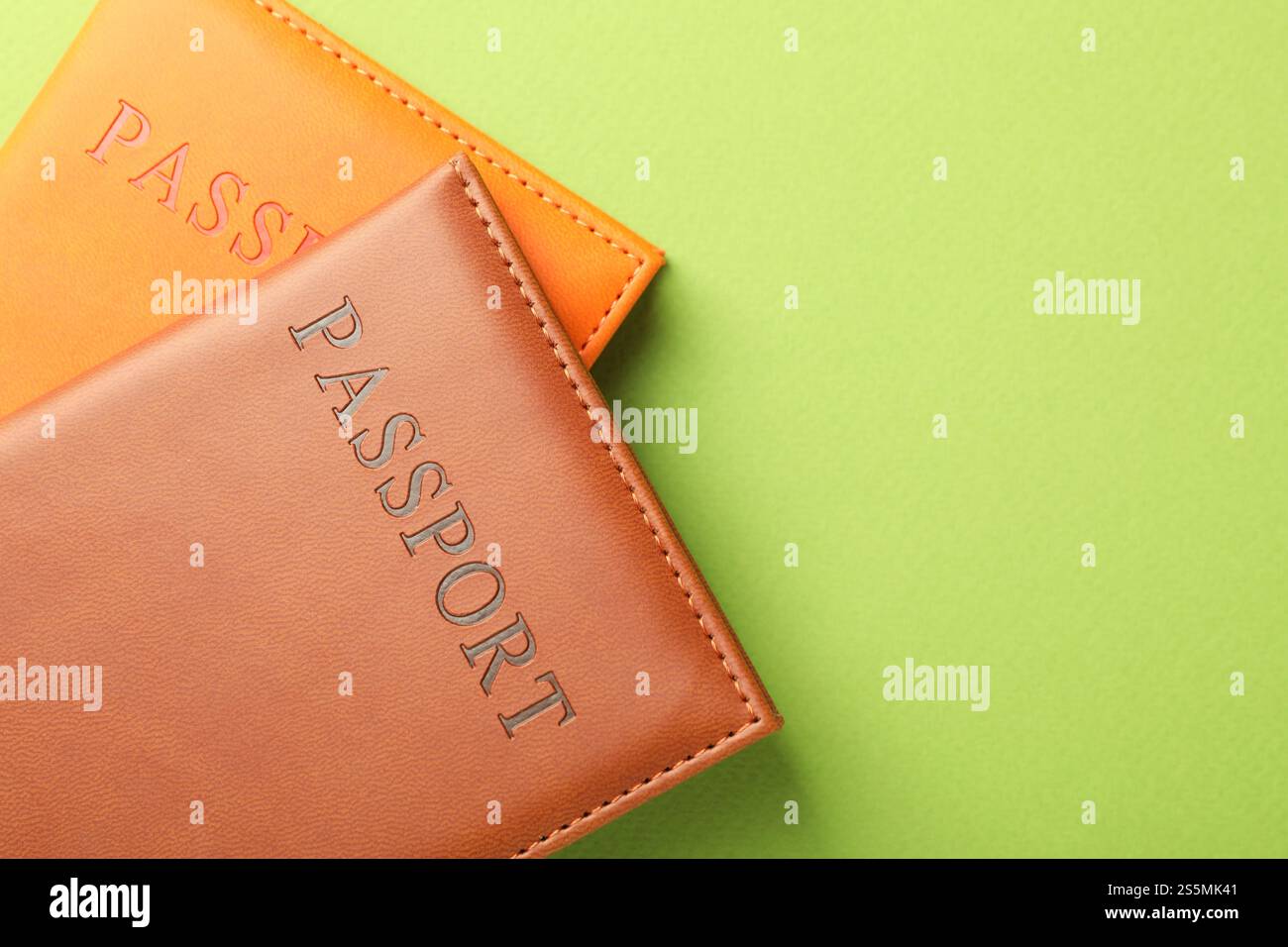 Passports in color covers on green background, top view. Space for text ...