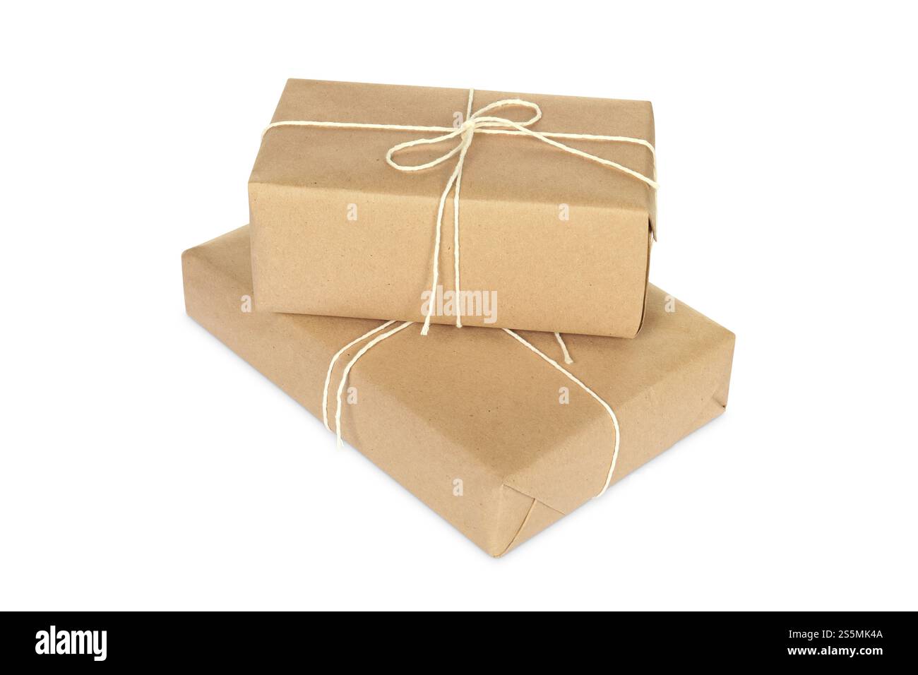 Two parcel boxes wrapped in paper isolated on white Stock Photo - Alamy