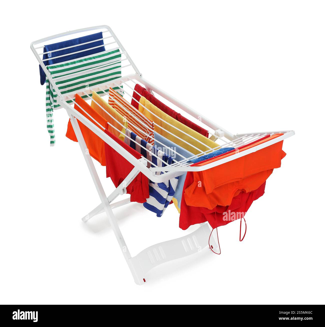 Drying rack with fresh clean laundry isolated on white Stock Photo - Alamy