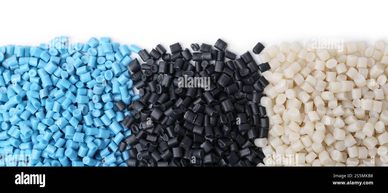 Pile of colorful plastic granules isolated on white, top view Stock ...