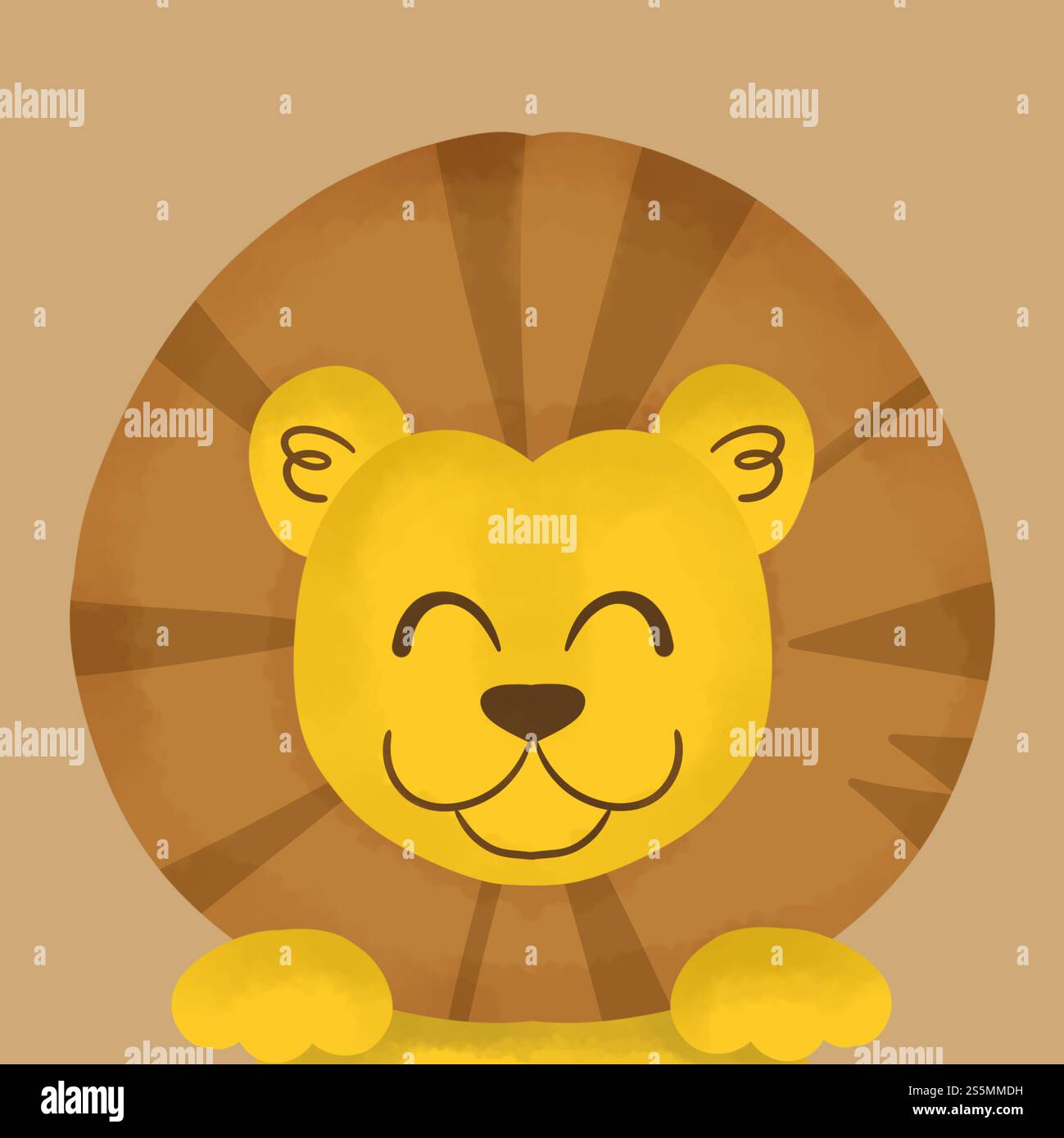 Charming cartoon illustration of a smiling lion with a round mane and ...