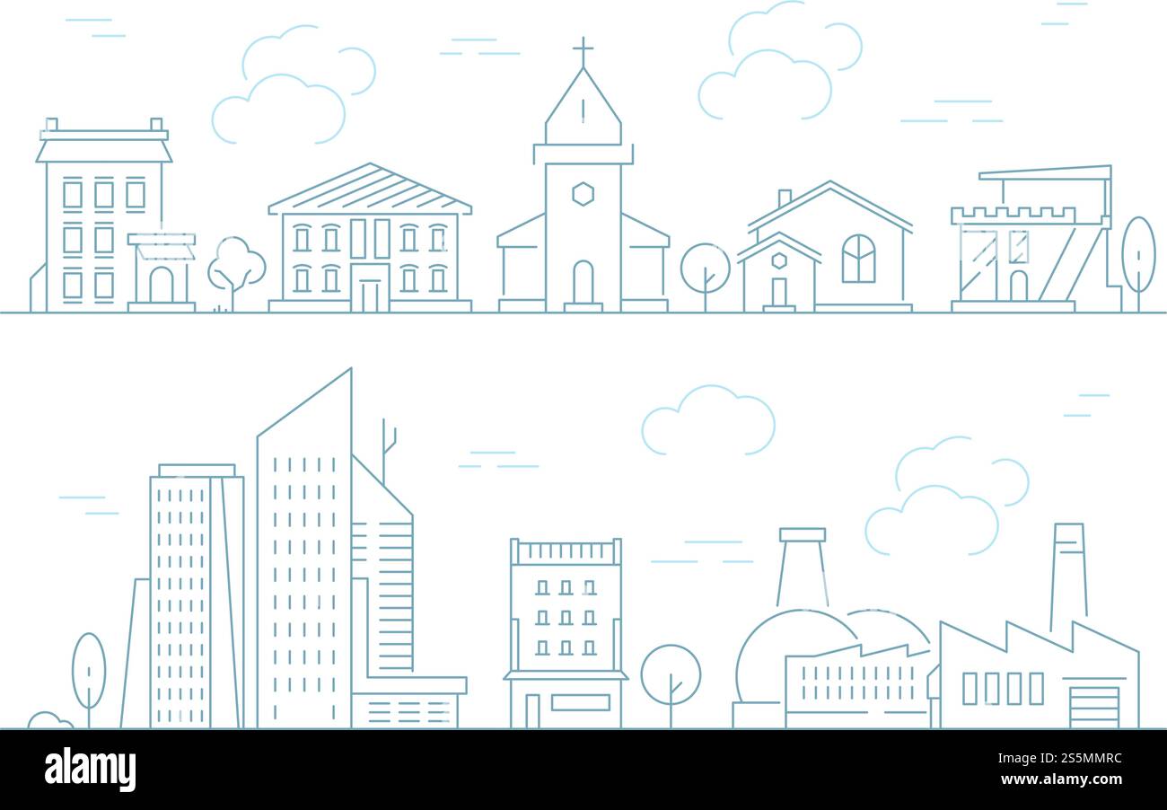 Urban landscape linear. Small town with buildings city houses exterior ...