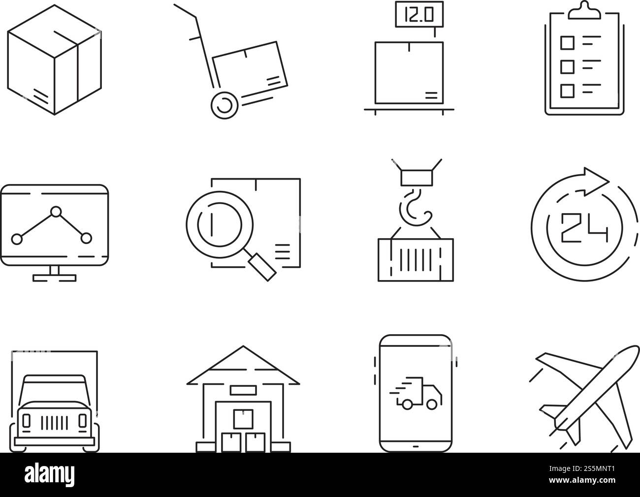 Logistic icon set. Warehouse delivery boxes containers and transport crane ship vector thin line ...