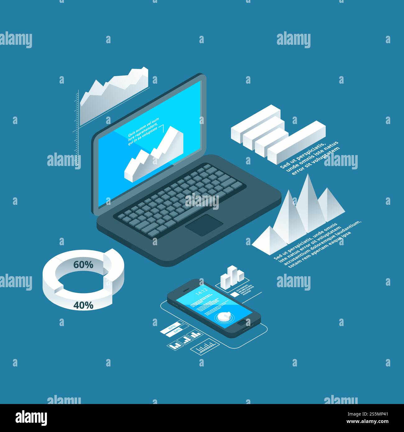 Charts isometric. Business concept laptop with 3d data histogram ...