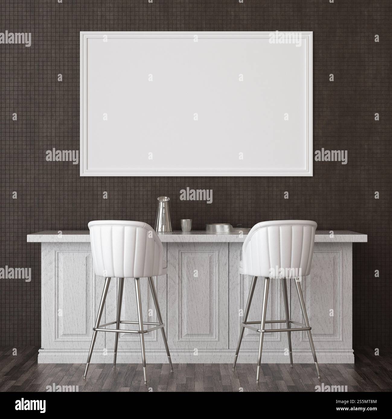 3D illustration mockup poster frame on the wall of counter bar with ...