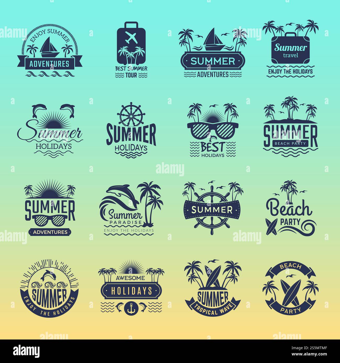 Summer travel logos. Retro tropical vacation badges and symbols palm ...