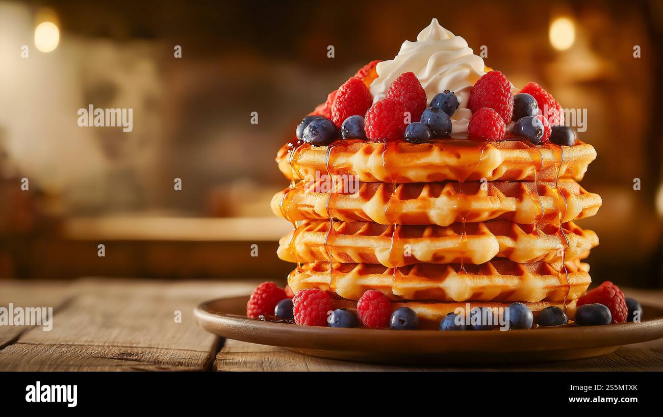 Stack waffles topped whipped cream hi-res stock photography and images ...