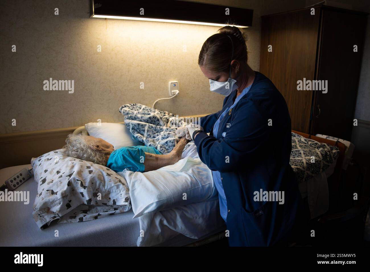 Portage, Indiana, USA. 3rd Aug, 2023. A hospice nurse takes vital signs ...