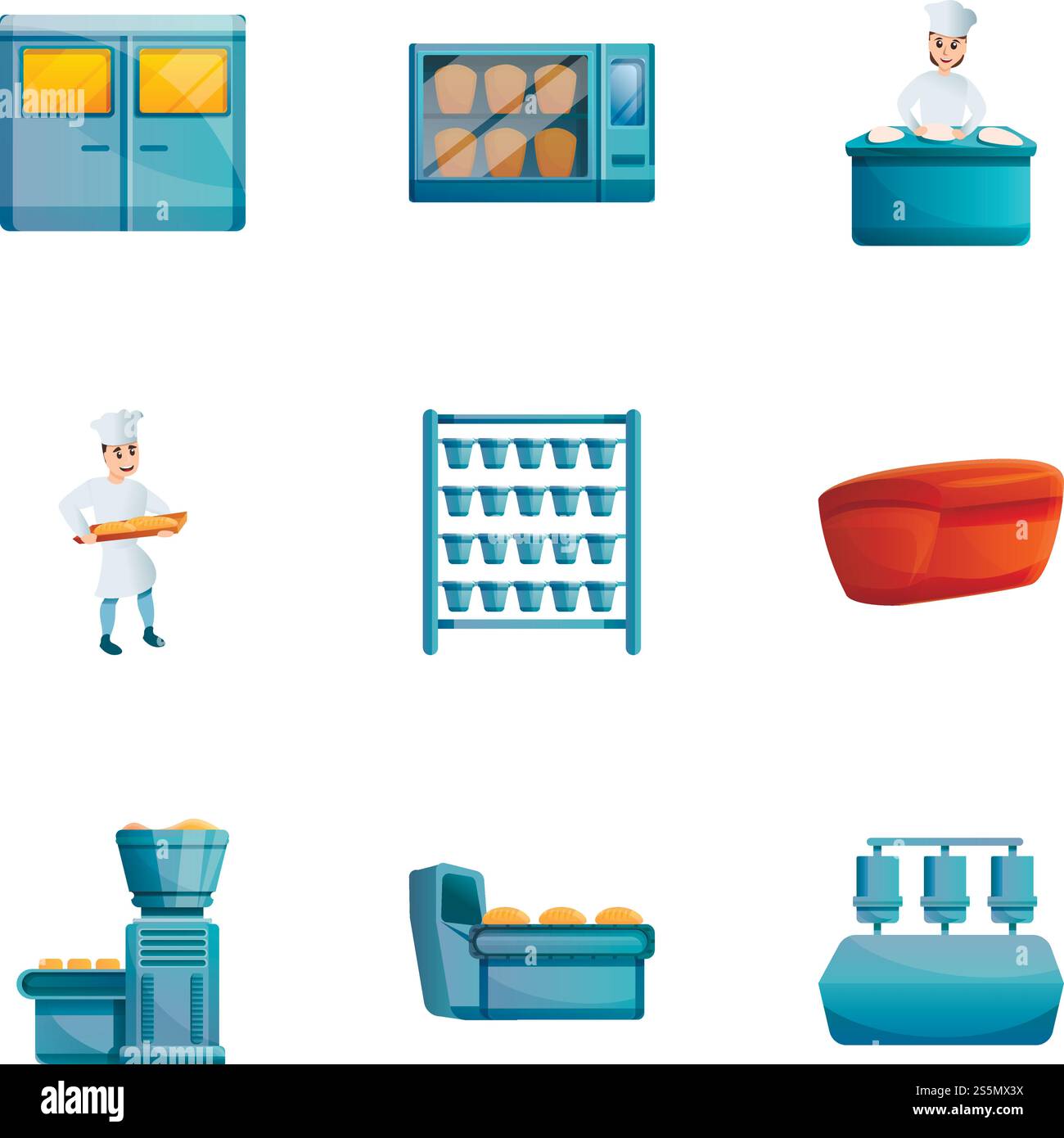 Bakery factory production icon set. Cartoon set of 9 bakery factory ...