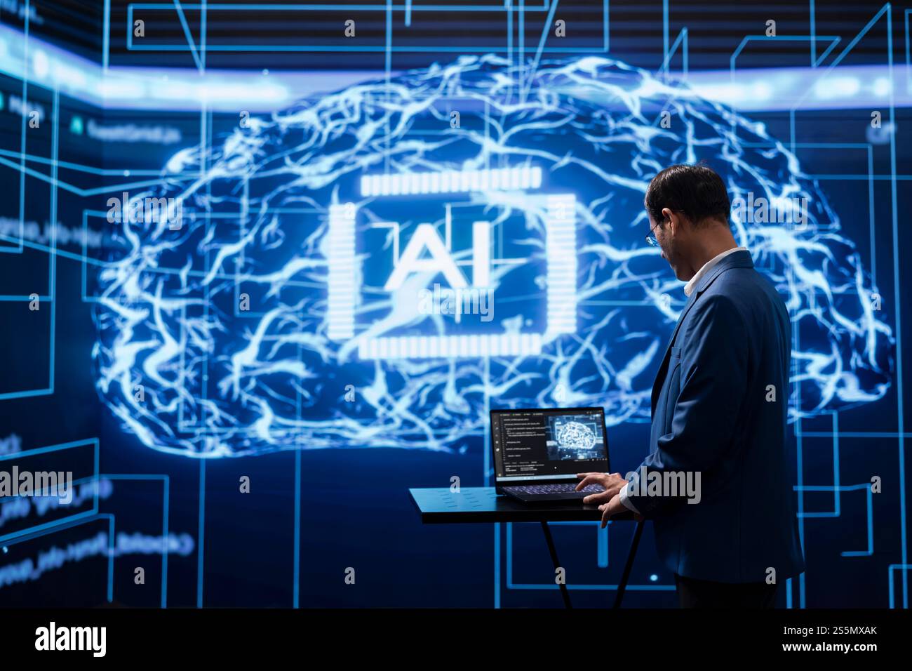 Programmer running AI cognitive computing tech on laptop to simulate ...