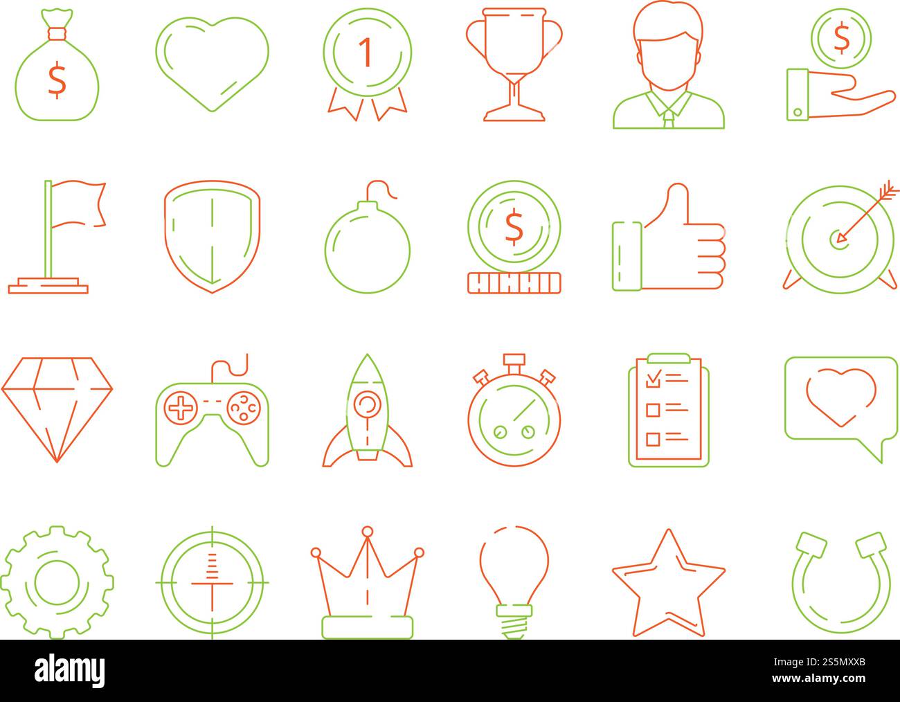 Gamification icons. business achievements line icon set for competitive ...
