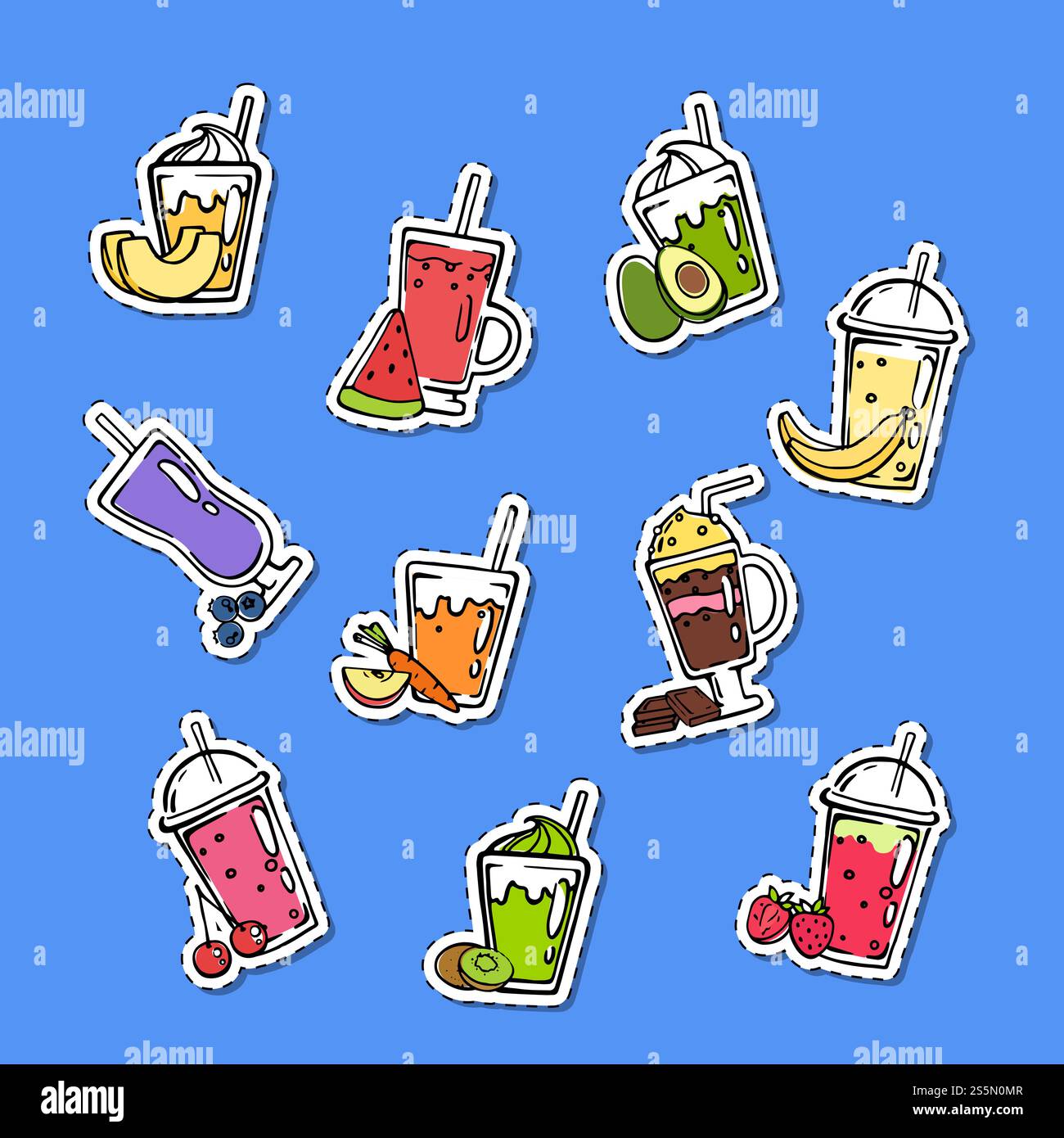 Vector doodle drink smoothie stickers of set illustration isolated on ...