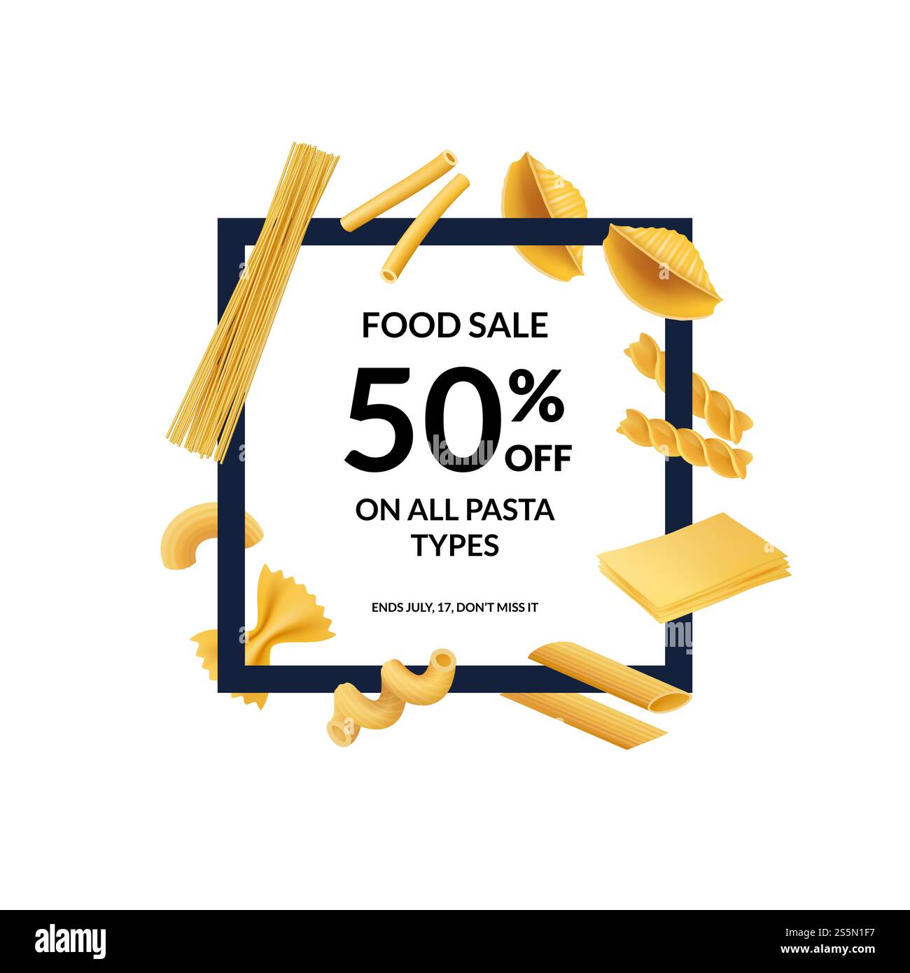 Vector realistic pasta types flying around frame with place for text ...