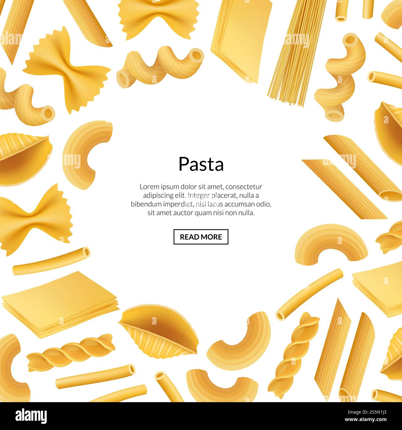 Vector realistic pasta types background banner illustration with place ...