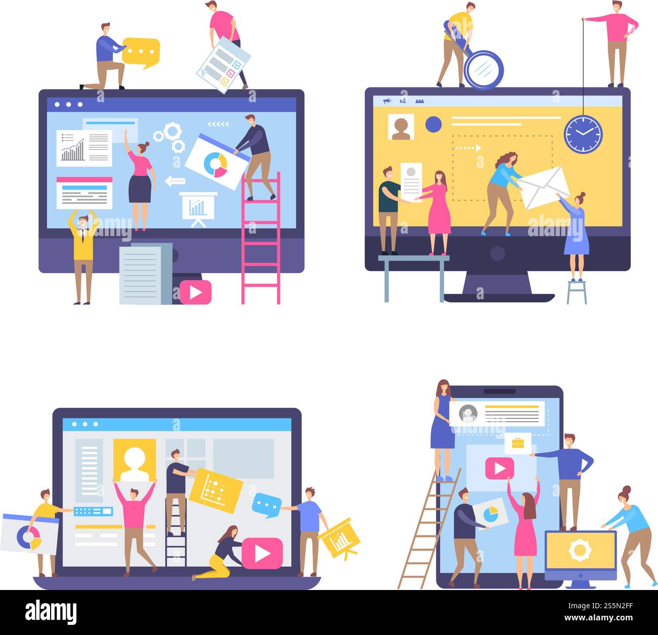 Characters making web pages. Peoples decorated websites team in ...