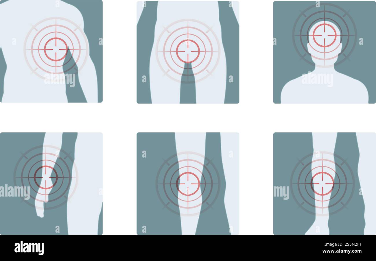 Body pain. Concentric red rings of painful human parts analgesic vector ...