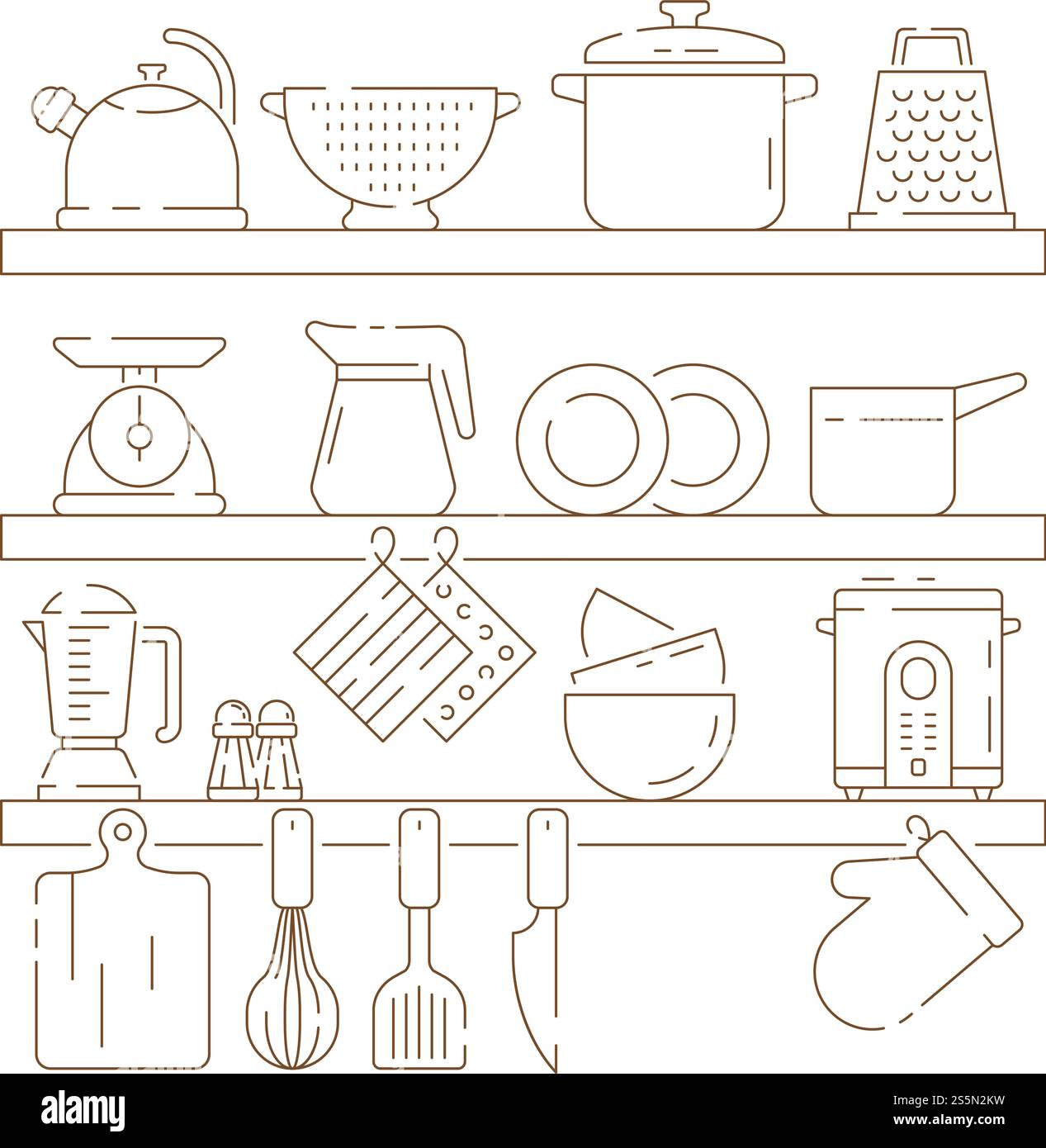 Kitchen shelves. Cooking items pots spoon fork knife pans vector thin ...