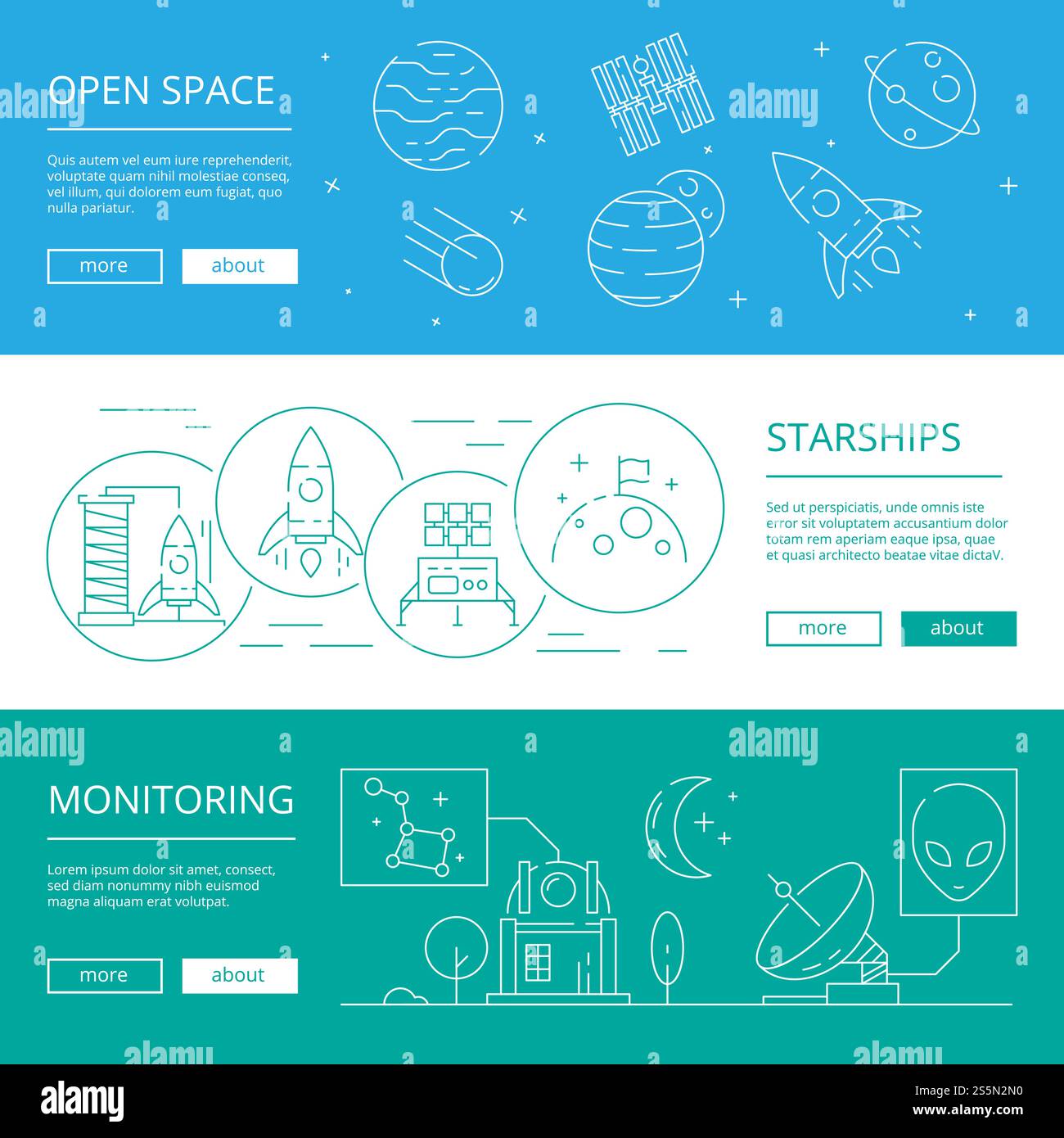 Space banners. World univerce discovery moon planets rocket and ...