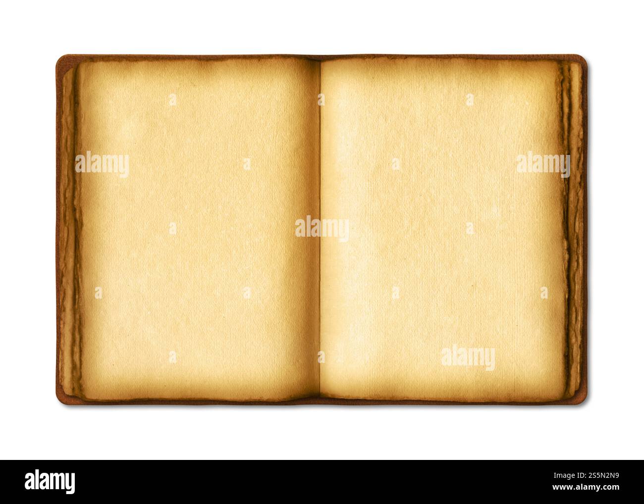 Old open medieval book with worn parchment pages. Blank textured ...