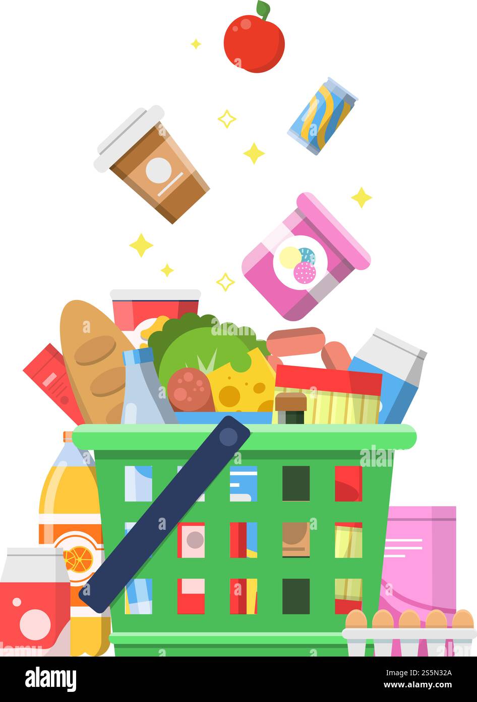 Grocery basket with food. Sausage milk fruit wine macaroni cheese ...