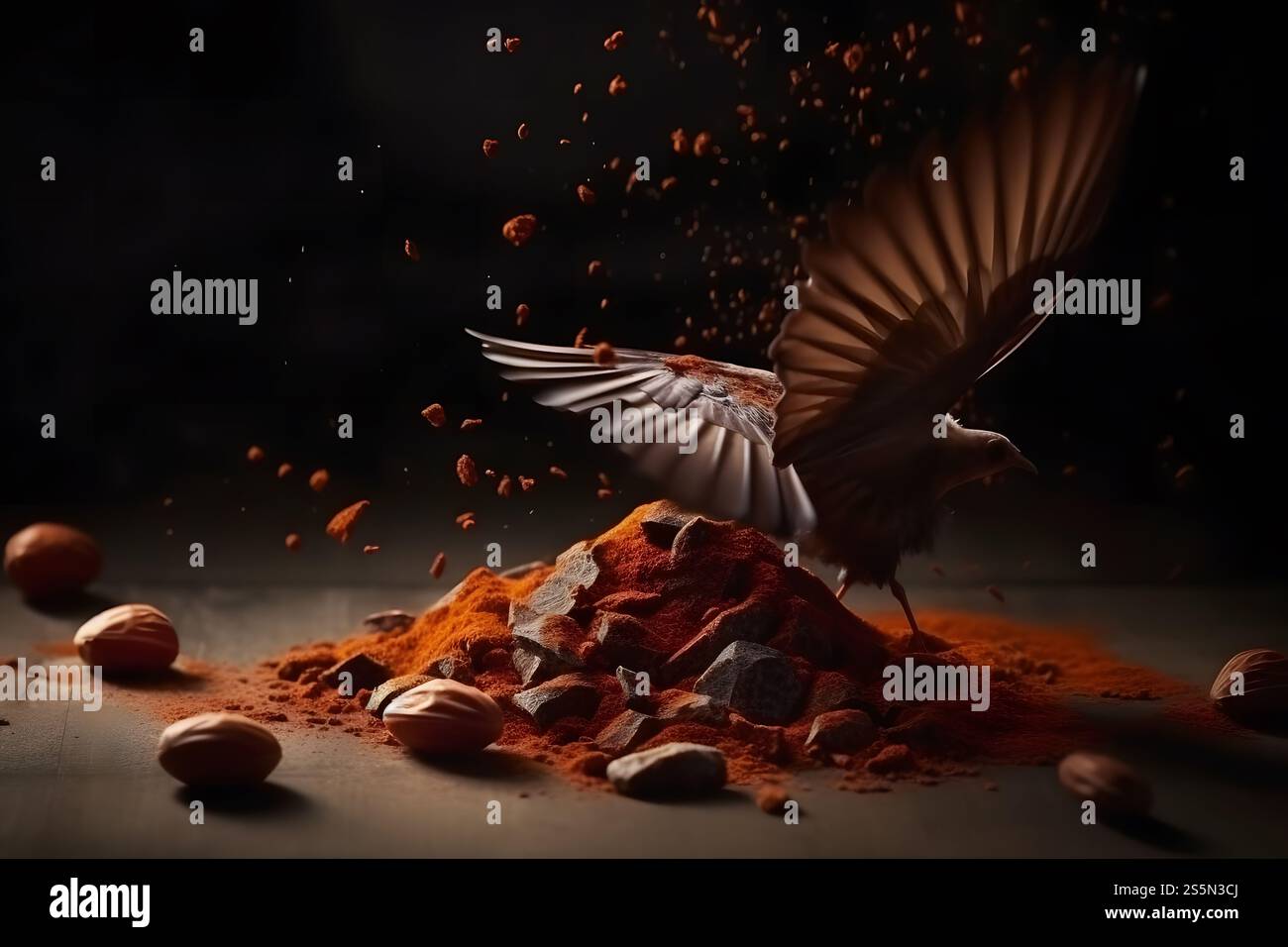 Bird and piece of dark chocolate on cocoa powder. Neural network AI ...