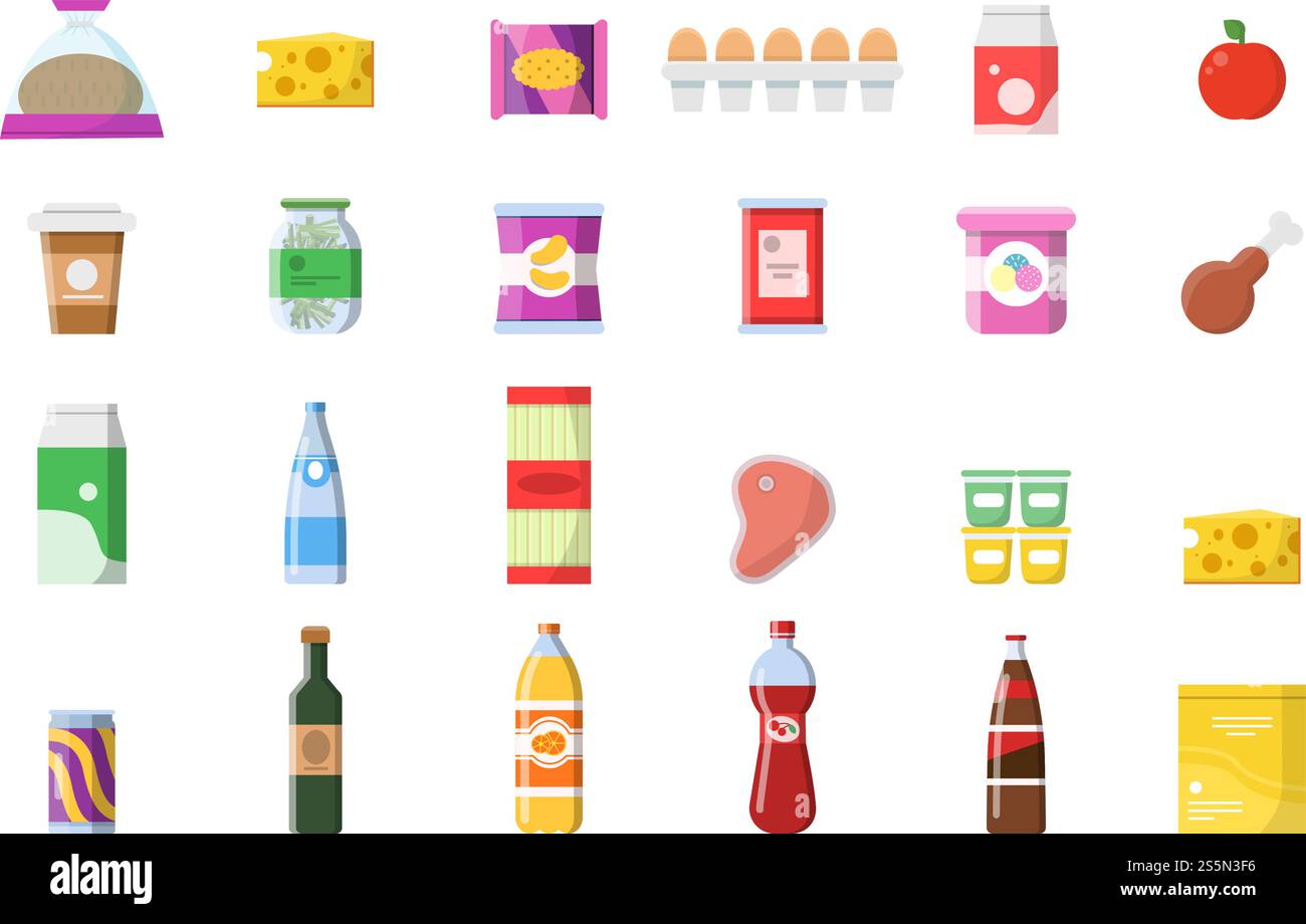 Food products. Grocery basket meat soft drinks macaroni cheese yogurt ...