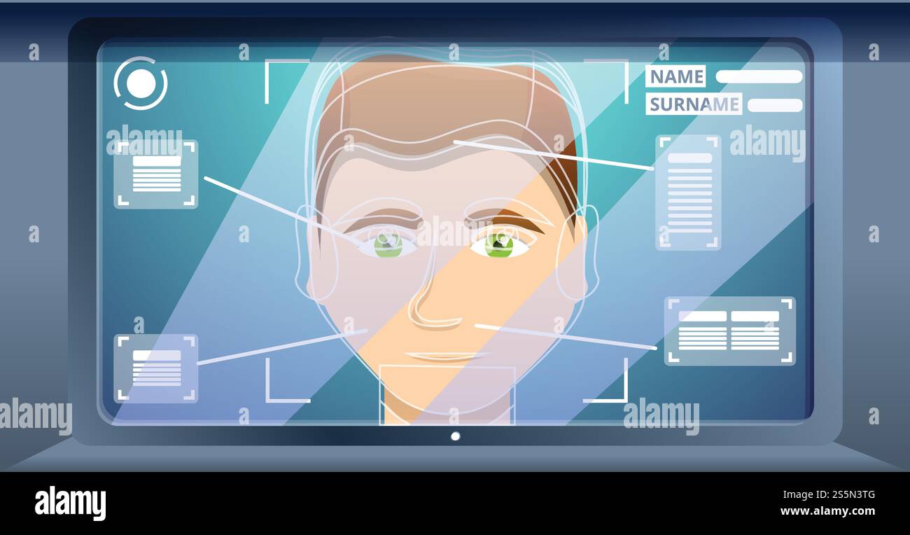 Office face recognition concept banner. Cartoon illustration of office ...