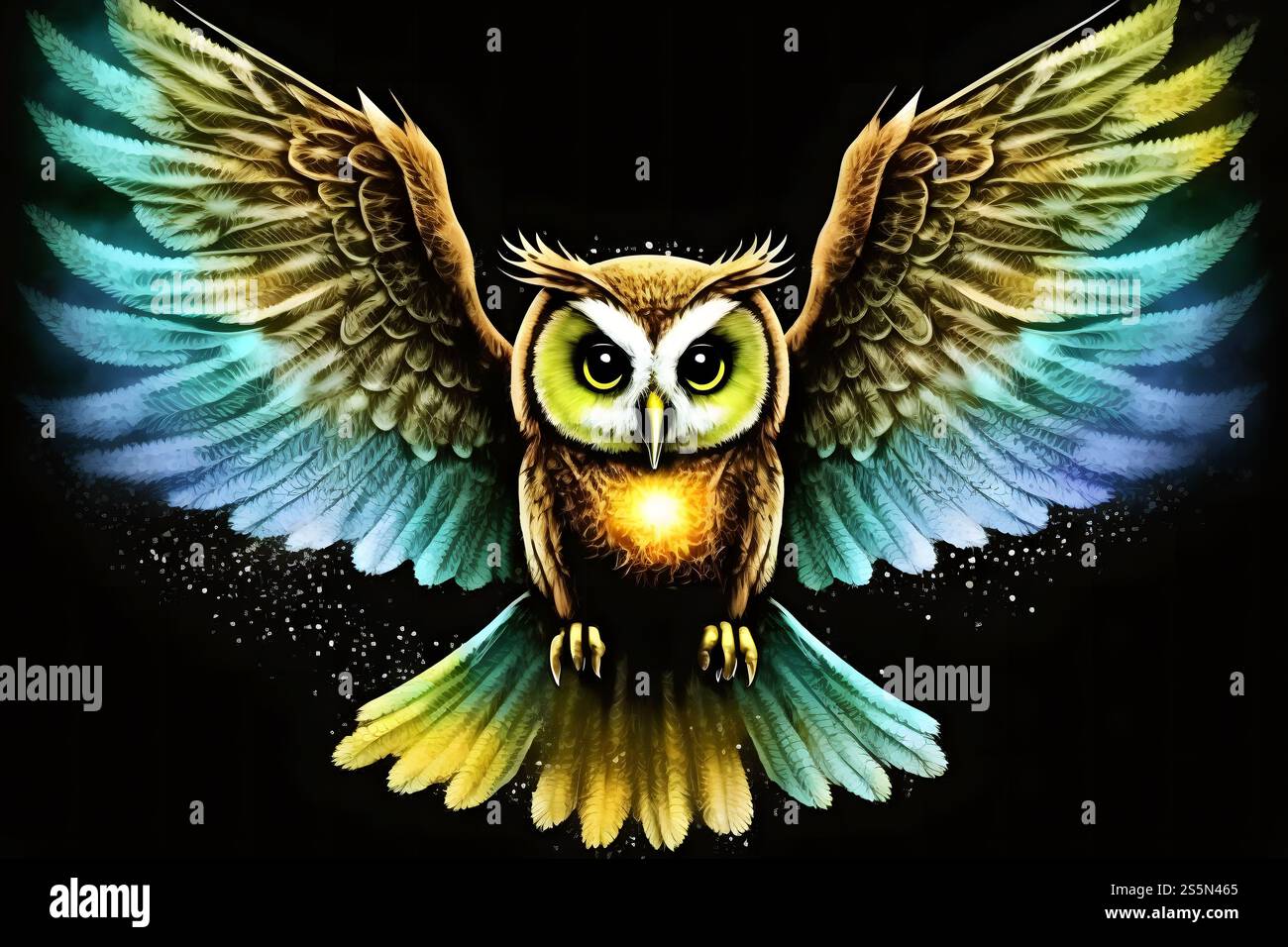 European eagle owl with big wings in multicolor epic style. Neural ...
