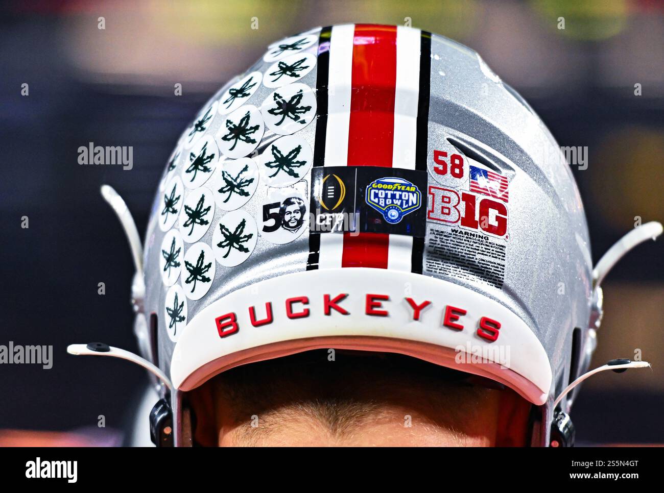 Arlington, TX, USA. 10th Jan, 2025. A CFP Cotton Bowl sticker is ...