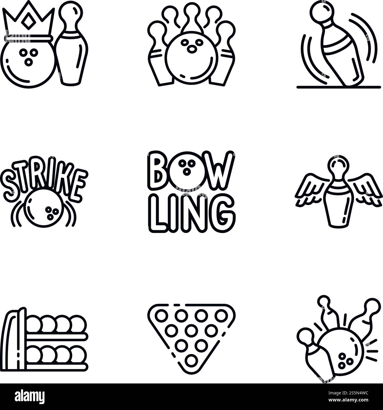 Bowling club icon set. Outline set of 9 bowling club vector icons for ...