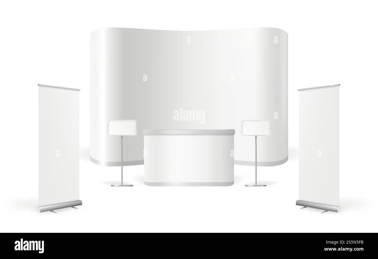 Exhibition blank space. Promotional advertising items stands banners ...