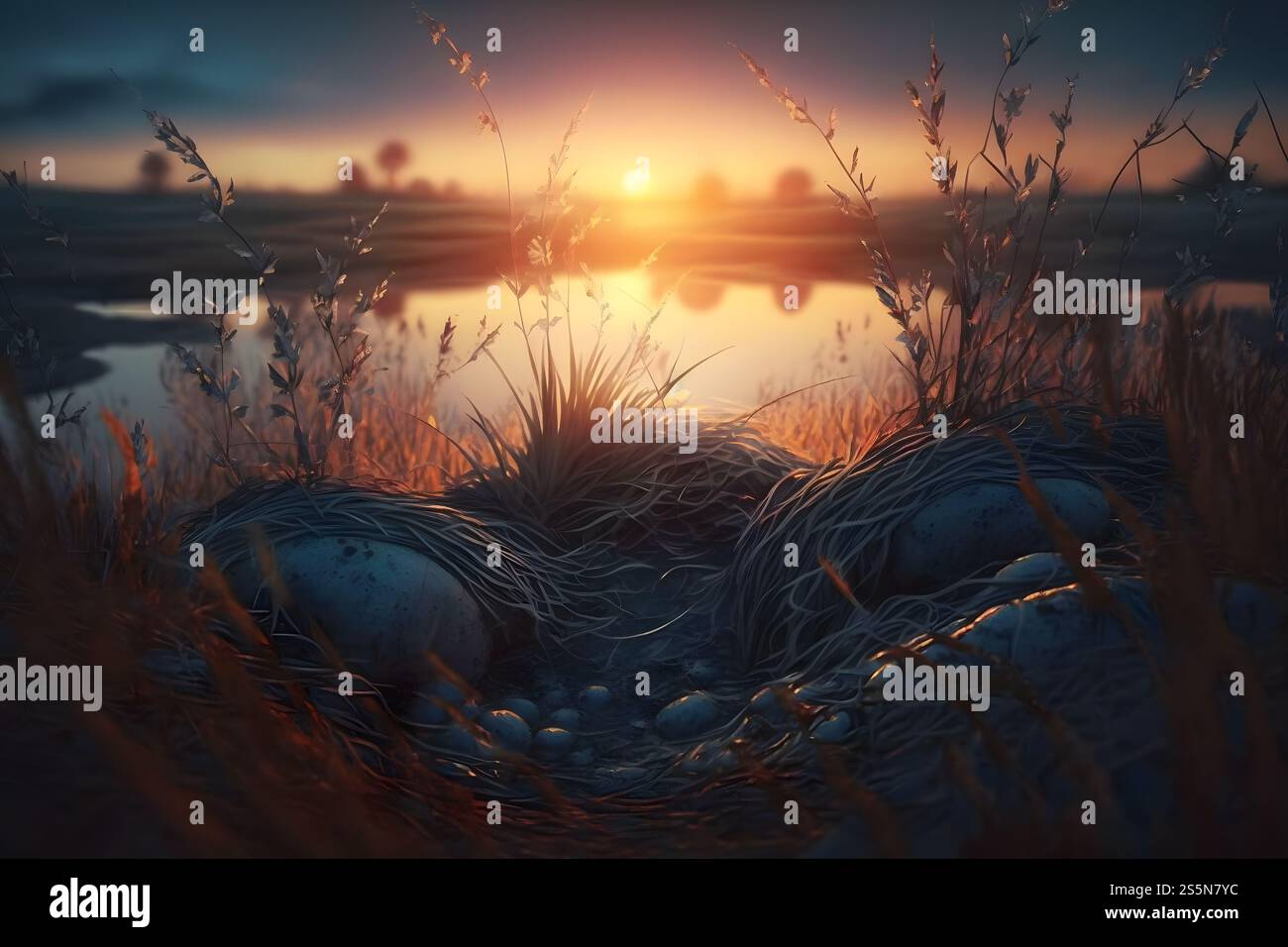 Grass filled with dew on a sunrise morning. Neural network AI generated ...