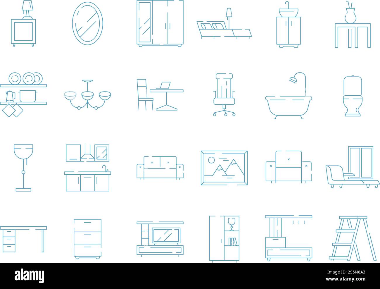 Room furniture icon. Bed table desk chair sofa vector thin symbols ...