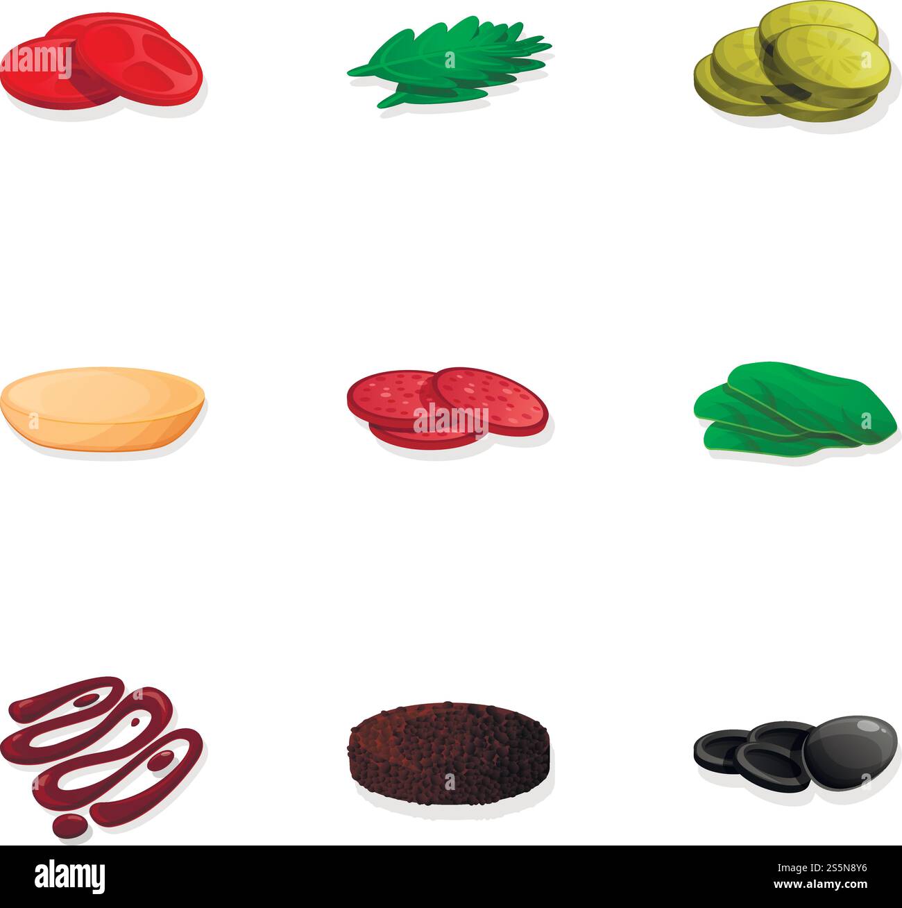 Burger ingredients icon set. Cartoon set of 9 burger ingredients vector ...