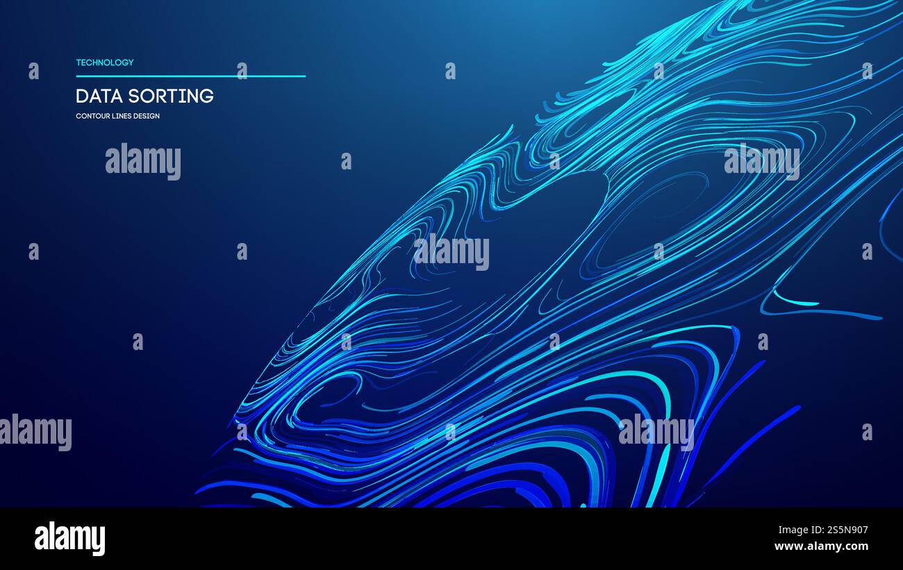 Dynamic digital contour lines flowing across a blue background for technology representation ...