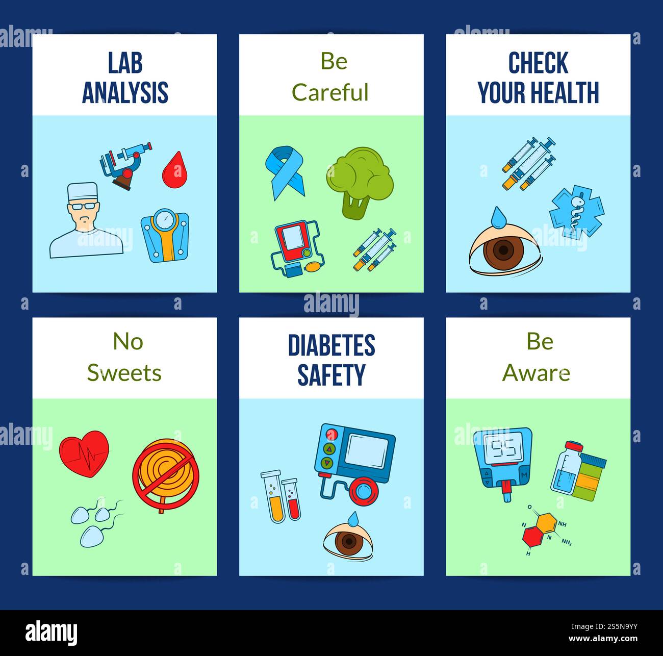 Vector colored diabetes icons card or flyer template illustration ...