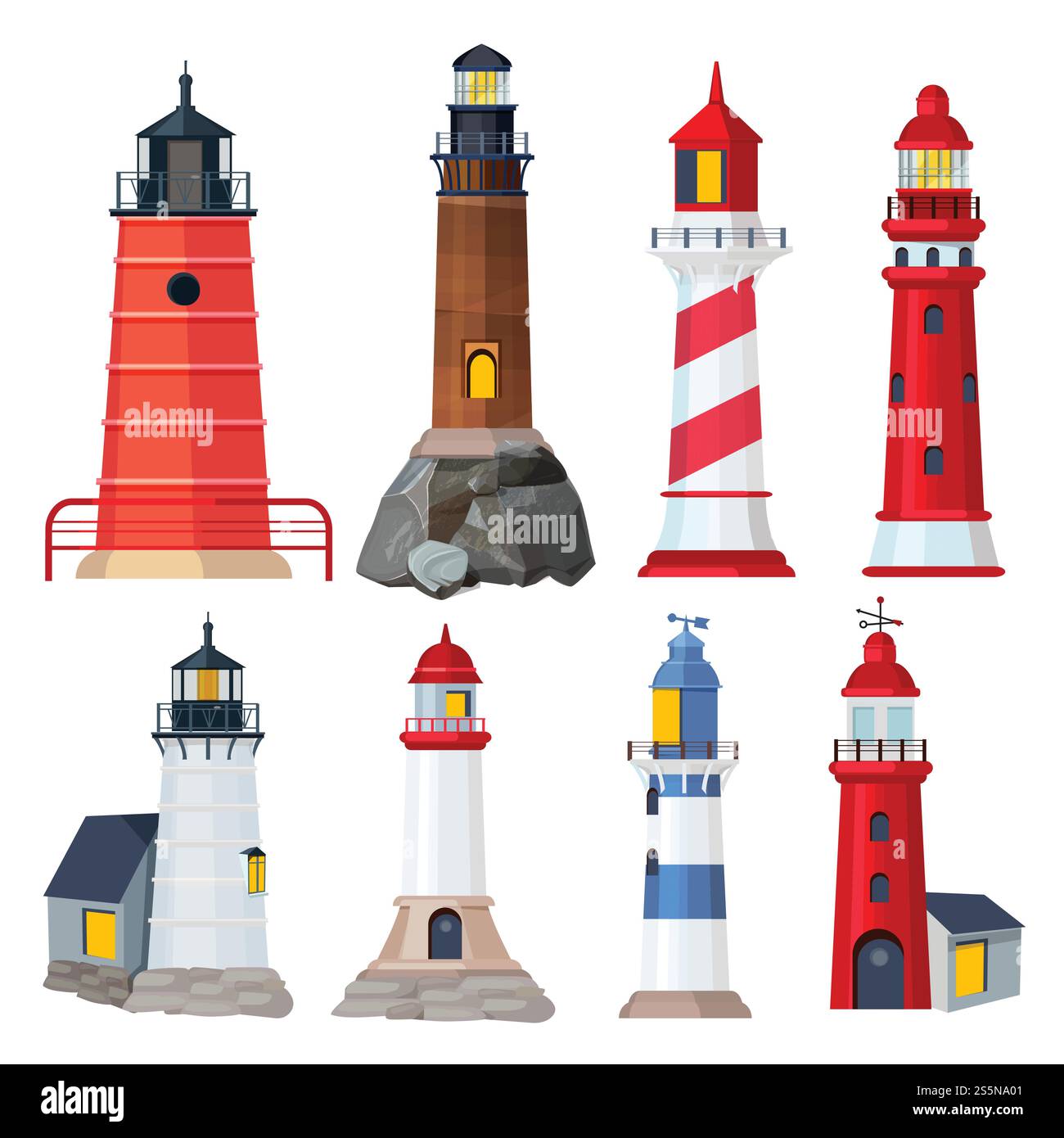 Lighthouses collection. Night sailing building in seaport security ...