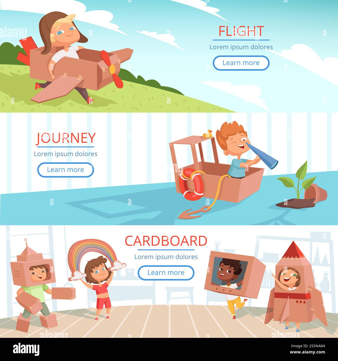 Kids playing banners. Education preschool games children in cardboard ...