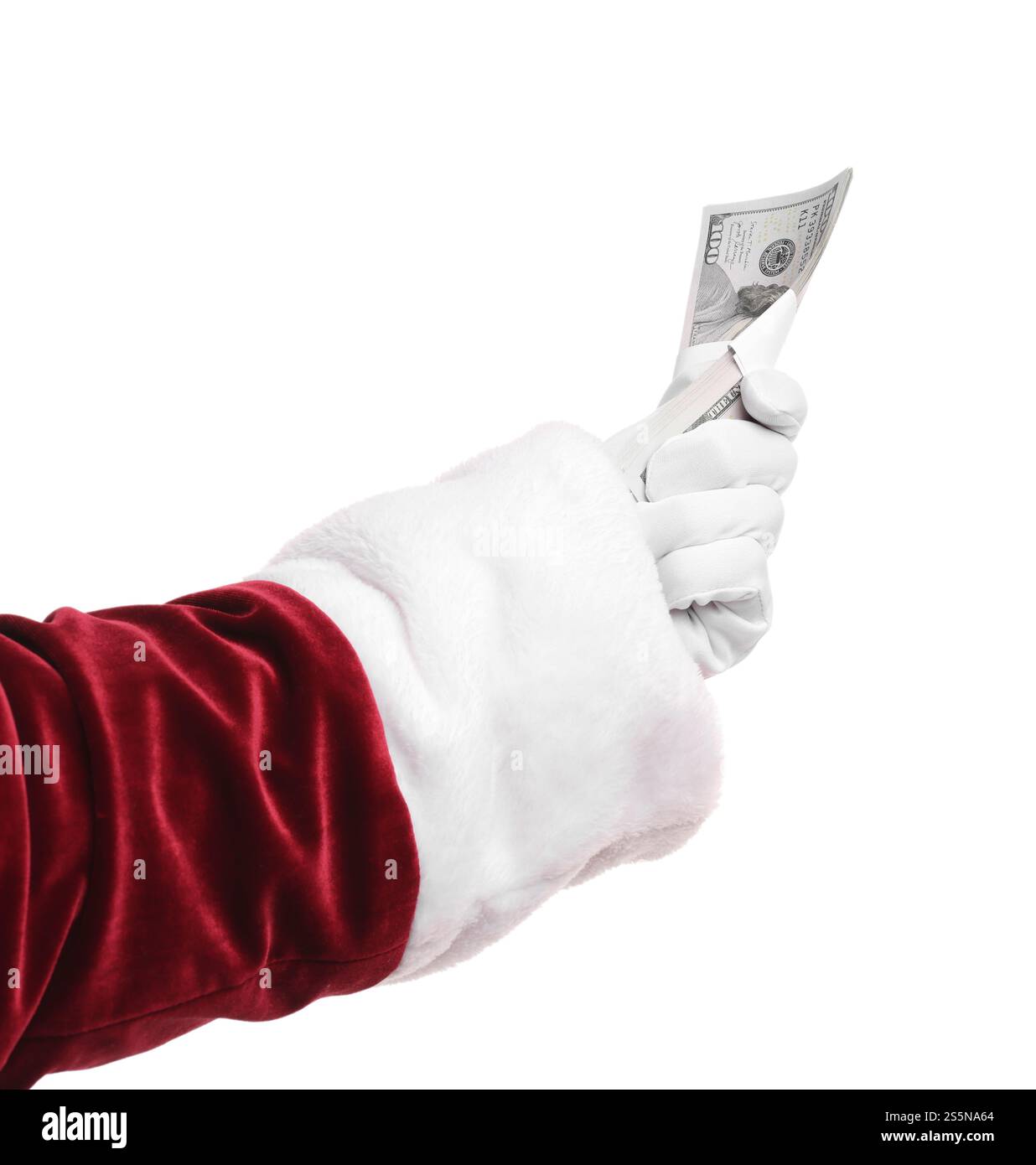 Santa Claus holding dollar banknotes on white background, closeup Stock ...