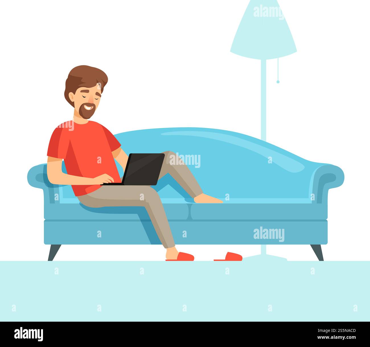 Freelancer on sofa. Happy smile work guy on comfortable bed with laptop ...