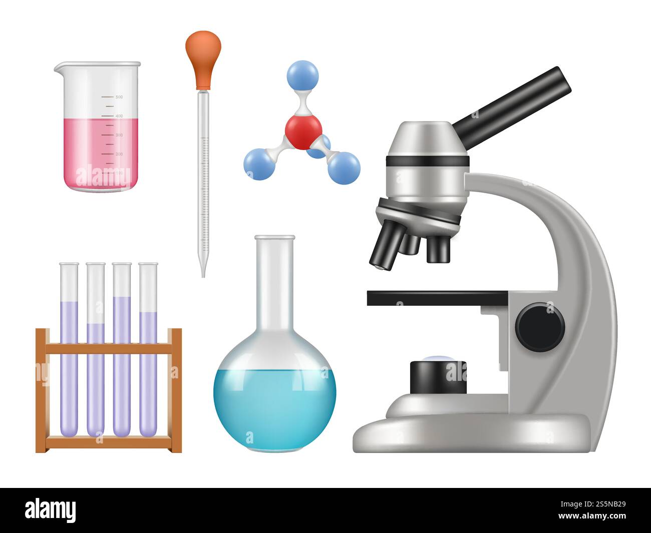 Chemical lab items. Science laboratory collection bottles microscope glass tubes biology vector ...