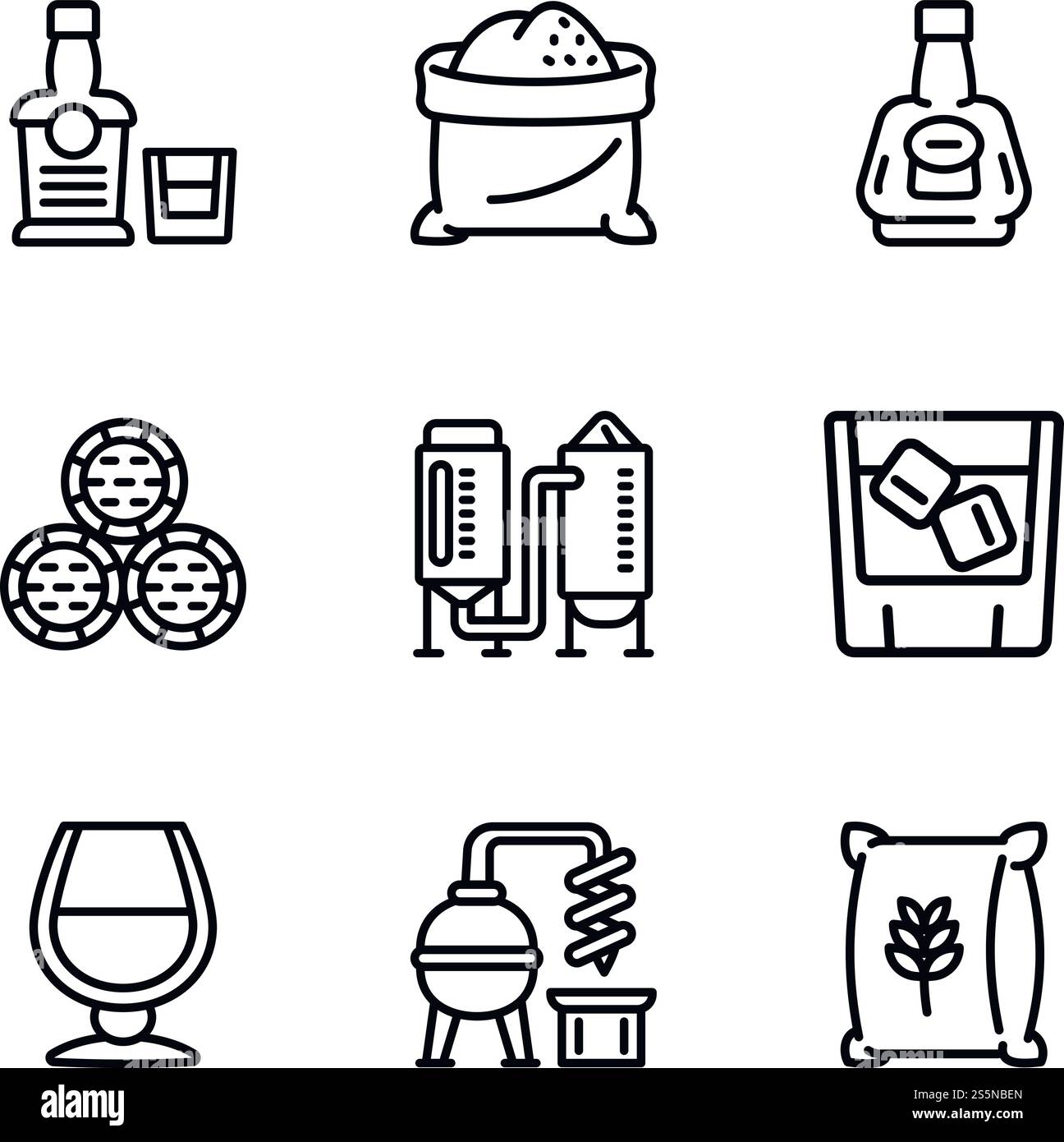 Whiskey production icon set. Outline set of 9 whiskey production vector ...