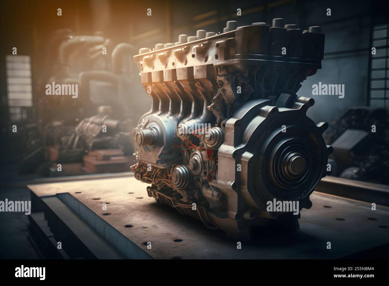 Modern car engine block on table in service room. Neural network AI ...
